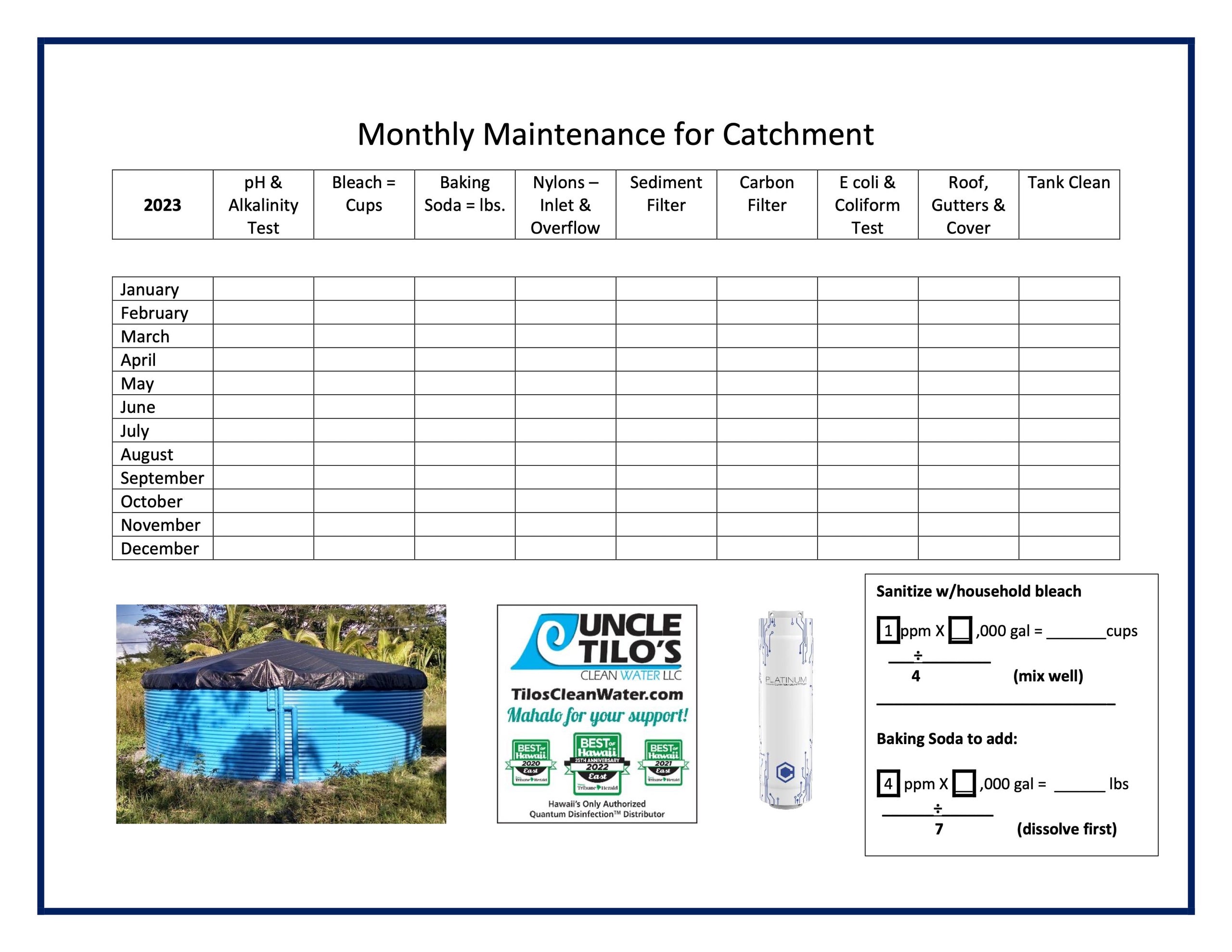 Catchment Maintenance Chart | Quantum Clean Water Store